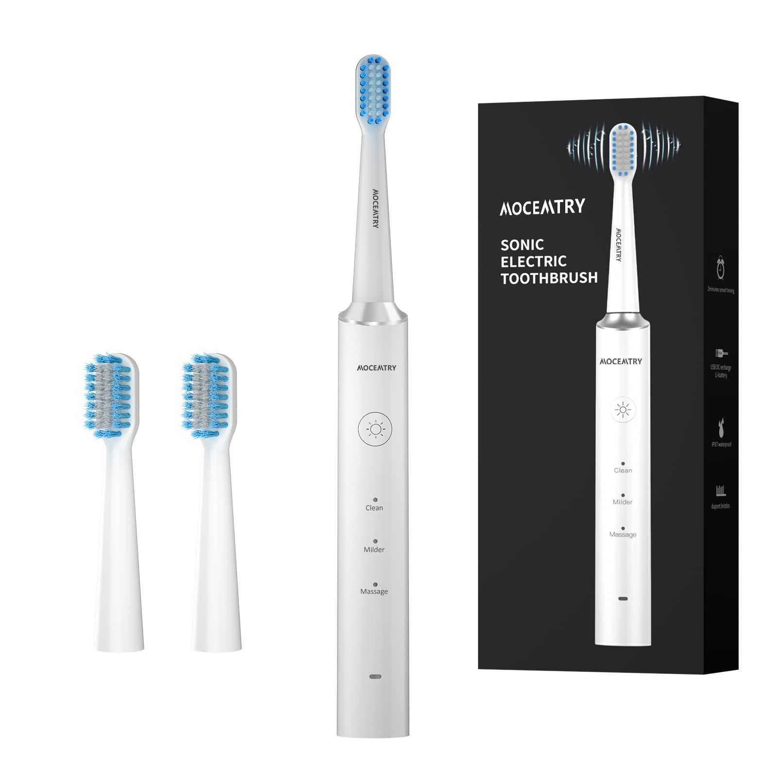 MOCEMTRY Sonic Electric Toothbrush Rechargeable Whitening Waterproof Tooth Brush with 3 Cleaning Modes (White)