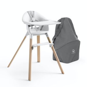 stokke clikk high chair (white) + travel bag (grey) - all-in-one high chair with tray + harness - light, durable & travel friendly - best for 6-36 months or up to 33 lbs