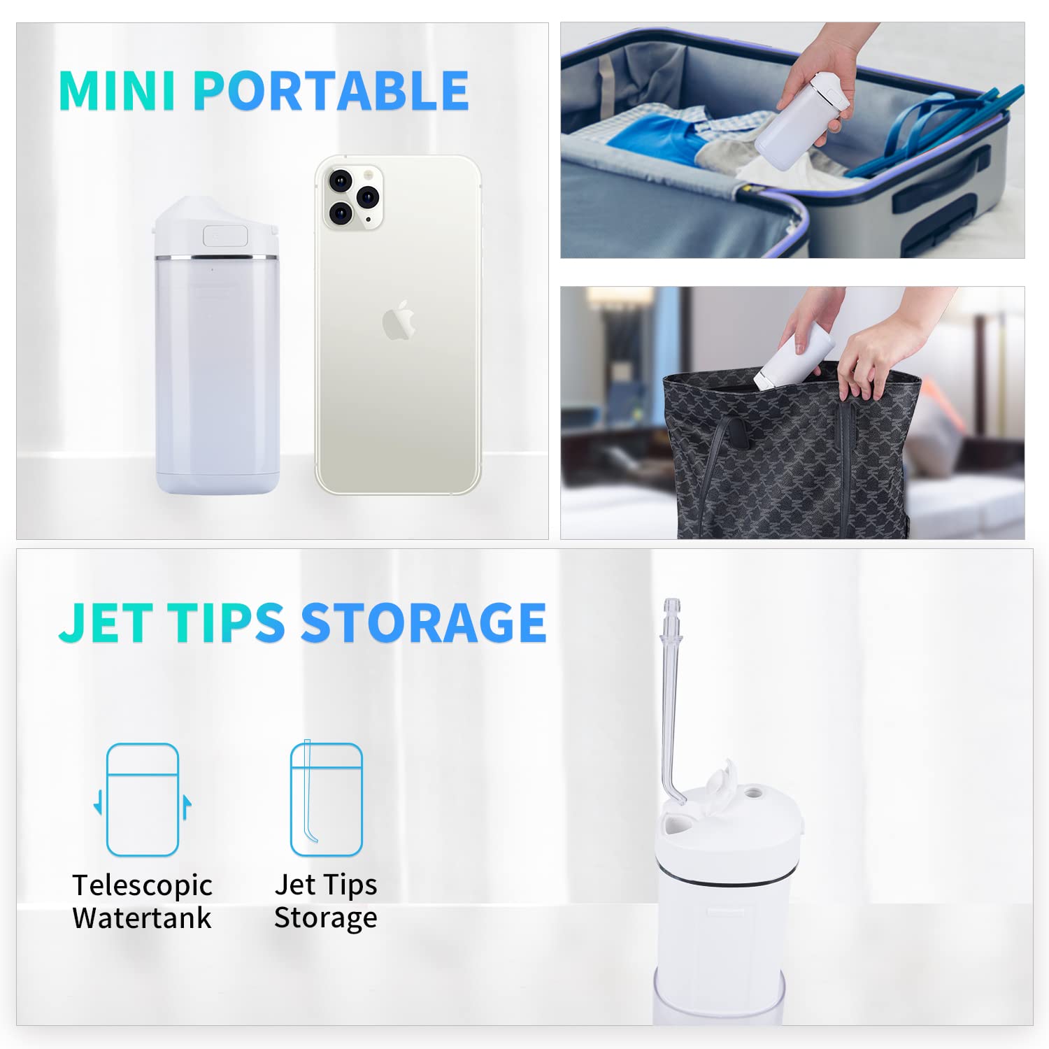 Water Flosser [Mini Cordless Portable] Oral Irrigator Water Teeth Cleaner Pick, Telescopic Water Tank, 3 Modes & IPX7 Waterproof, Home & Travel Water Flossers for Teeth, Braces Bridges Care.