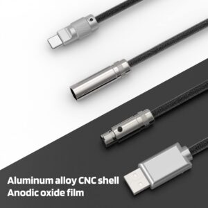 CUSTOMIZATIONS Coiled USB c Cable, Customized Gaming Mechanical Keyboard Cable, Handwork Braided + PET mesh, Metal Plug, with Detachable Metal Aviator Connector (Black)