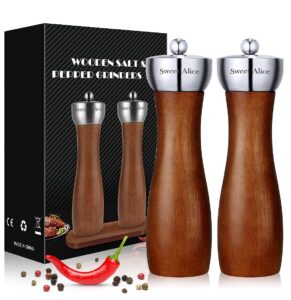 salt and pepper grinders refillable ​set, beech wood pepper mill with ceramic mechanism, solid and durable salt grinders suited for sea salt, black peppercorn (6'', brown set of 2)