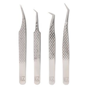 m lash eyelash extension tweezers (set of 4) - professional & precision lash tweezers for eyelash extensions - japanese steel, diamond grip, fiber tip i-series (silver)