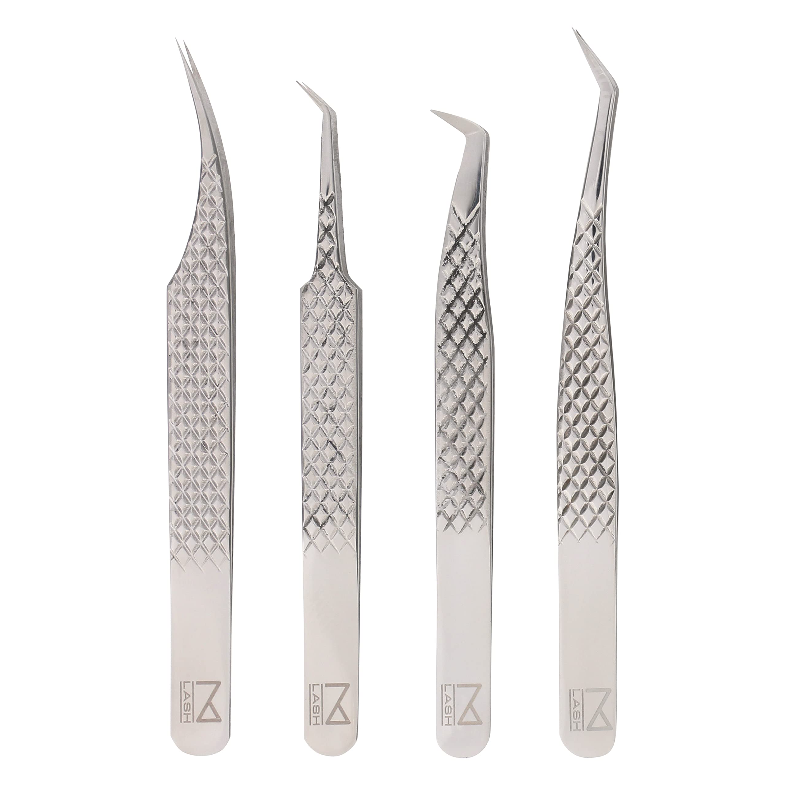 M LASH Eyelash Extension Tweezers (Set of 4) - Professional & Precision Lash Tweezers for Eyelash Extensions - Japanese Steel, Diamond Grip, Fiber Tip I-Series (Silver)