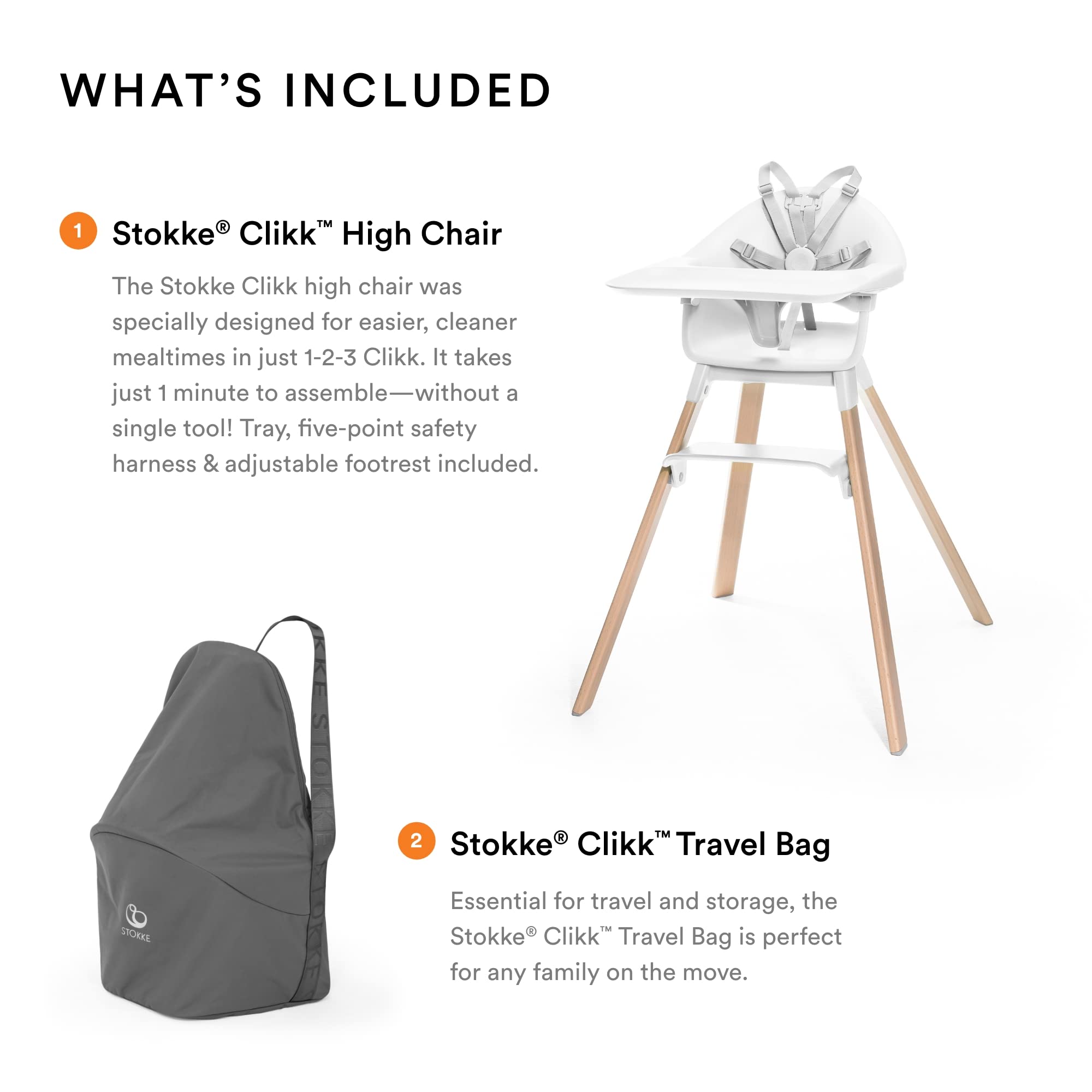 Stokke Clikk High Chair (White) + Travel Bag (Grey) - All-in-One High Chair with Tray + Harness - Light, Durable & Travel Friendly - Best for 6-36 Months or Up to 33 lbs