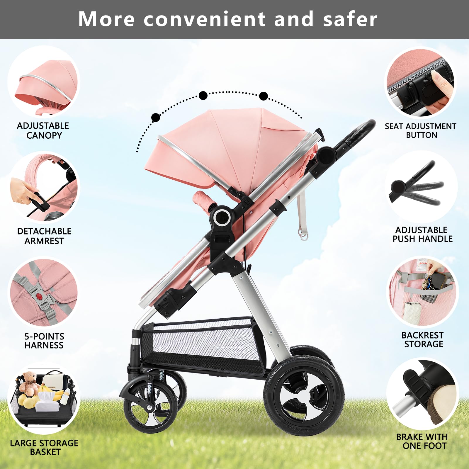 Blahoo Baby Stroller for Newborn, 2 in1 High Landscape Stroller, Foldable Aluminum Alloy Pushchair with Adjustable Backrest.Adjustable Awning