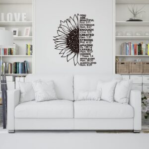 You are Beautiful Victorious Enough Created Strong Amazing Capable Chosen Never Alone Always Loved Sunflower Vinyl Wall Decal Bible Verse Quotes Decal for Girls Room Decor