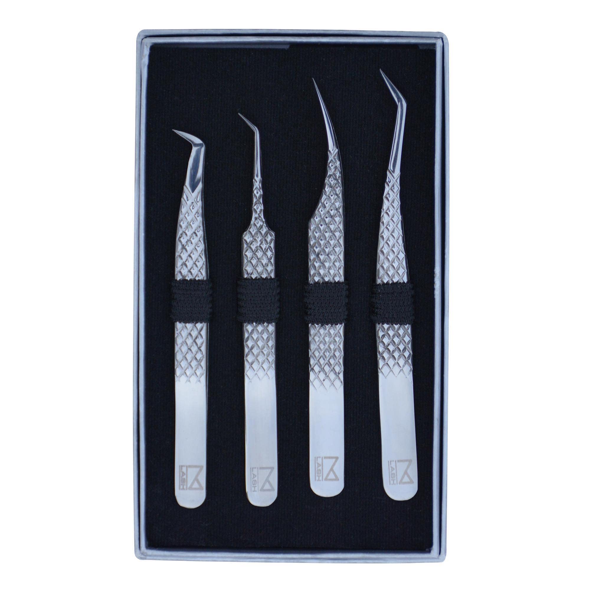 M LASH Eyelash Extension Tweezers (Set of 4) - Professional & Precision Lash Tweezers for Eyelash Extensions - Japanese Steel, Diamond Grip, Fiber Tip I-Series (Silver)