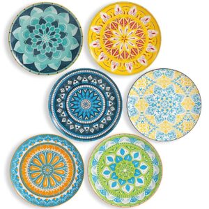 ahx dinner plates ceramic plate set - 10 inch large porcelain round plate sets of 6 - flat colorful pattern dining plates for kitchen | family - dishwasher | microwave | oven safe