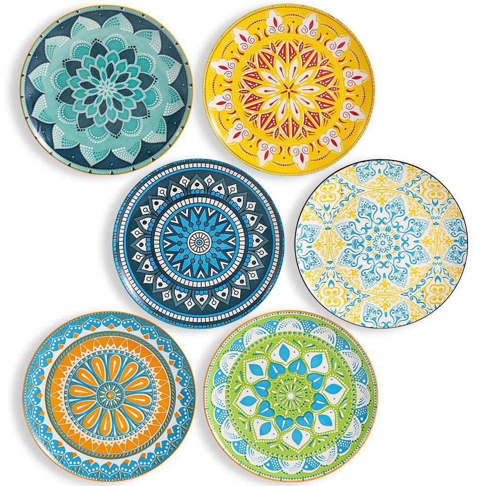 AHX Dinner Plates Ceramic Plate Set - 10 Inch Large Porcelain Round Plate Sets of 6 - Flat Colorful Pattern Dining Plates for Kitchen | Family - Dishwasher | Microwave | Oven Safe