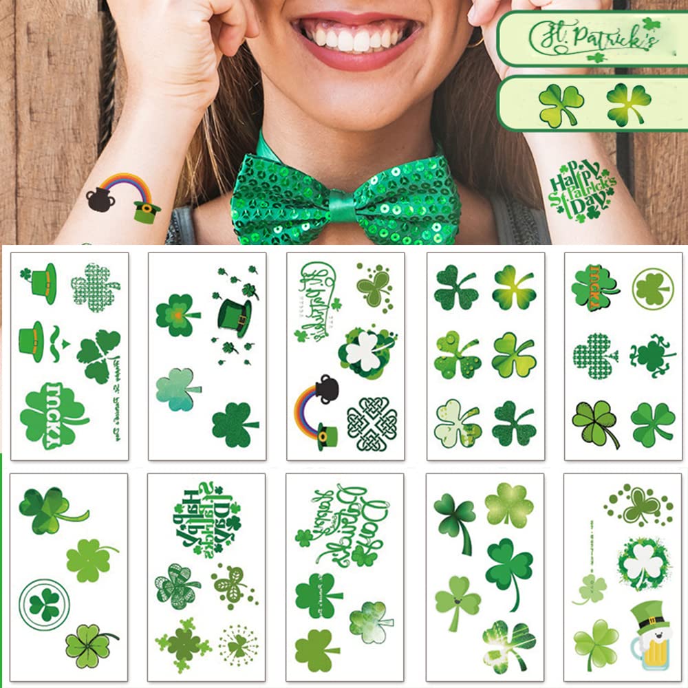 St. Patrick’S Day Tattoos Shamrock Temporary Tattoo Sticker Waterproof Clover Lucky Tattoos for Adults Kids Saint Patricks Day Costume Party Decor Supplies on Face Body 10 Sheets.