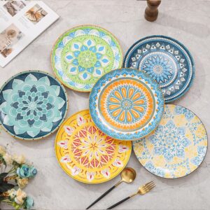 AHX Dinner Plates Ceramic Plate Set - 10 Inch Large Porcelain Round Plate Sets of 6 - Flat Colorful Pattern Dining Plates for Kitchen | Family - Dishwasher | Microwave | Oven Safe