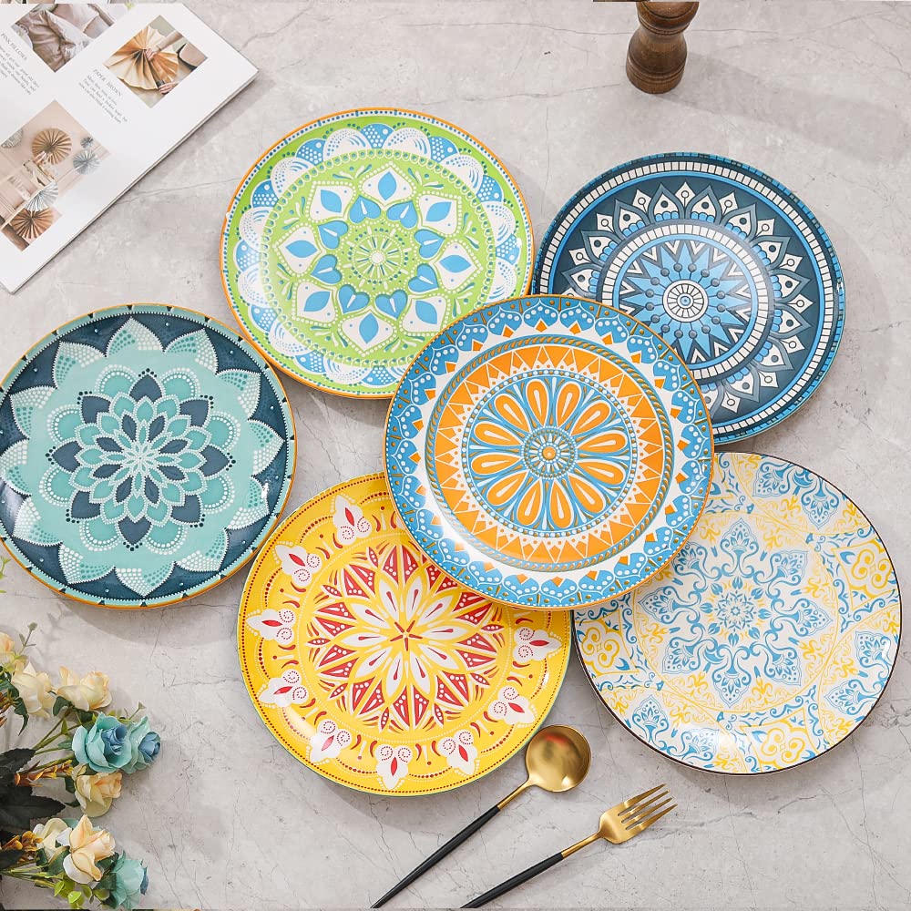 AHX Dinner Plates Ceramic Plate Set - 10 Inch Large Porcelain Round Plate Sets of 6 - Flat Colorful Pattern Dining Plates for Kitchen | Family - Dishwasher | Microwave | Oven Safe