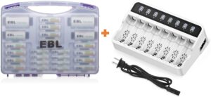 ebl purple super power battery box kit include : 12 aa batteries + 8 aaa batteries +2pcs c/d adapters + 8 bay aa aaa battery charger with discharge function and 2 usb output port