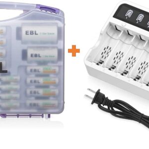 EBL Purple Super Power Battery Box Kit Include : 12 AA Batteries + 8 AAA Batteries +2pcs C/D Adapters + 8 Bay AA AAA Battery Charger with Discharge Function and 2 USB Output Port