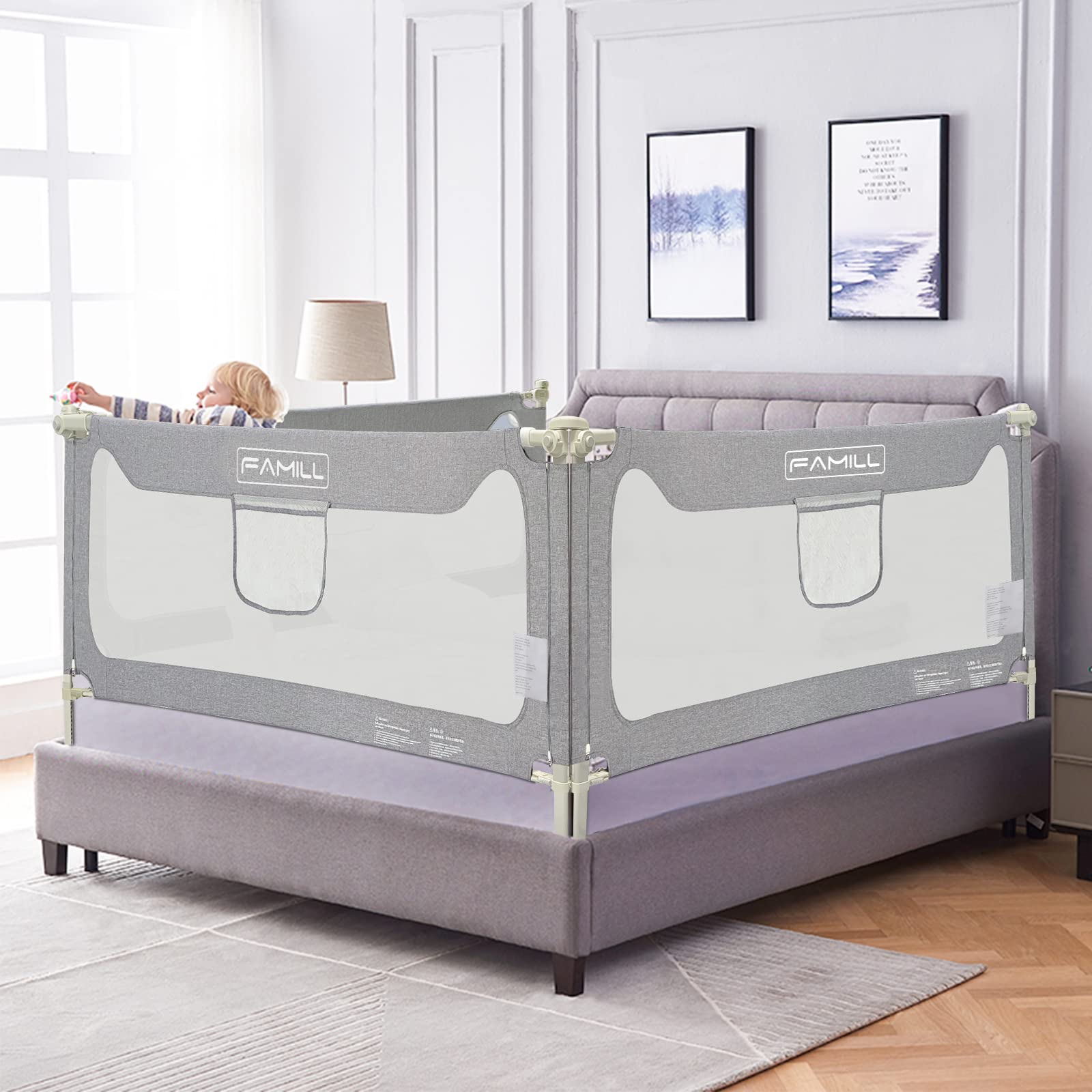 FAMILL Bed Rails for Toddlers,Toddler Rail，Baby Rail Guard，Kids' & Guards,Bed Guard Queen King Twin Kid, Full Size Extra Length 54"-78.7",(Grey,1 Piece, 74.8")