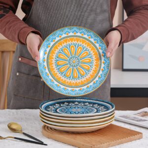 AHX Dinner Plates Ceramic Plate Set - 10 Inch Large Porcelain Round Plate Sets of 6 - Flat Colorful Pattern Dining Plates for Kitchen | Family - Dishwasher | Microwave | Oven Safe