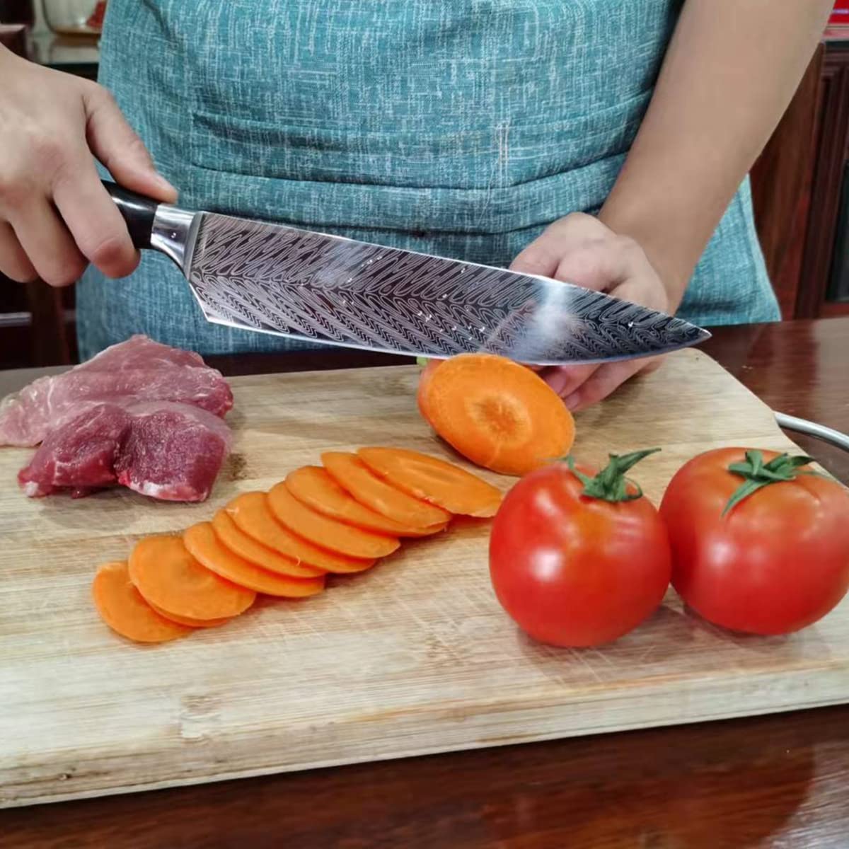 HaoMing Kitchen Knife 8 Inch Damascus Pattern Chef's Knife High Carbon Stainless Steel Sharp Paring Knife with Ergonomic Color Wood Handle