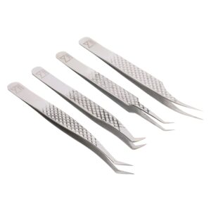 M LASH Eyelash Extension Tweezers (Set of 4) - Professional & Precision Lash Tweezers for Eyelash Extensions - Japanese Steel, Diamond Grip, Fiber Tip I-Series (Silver)