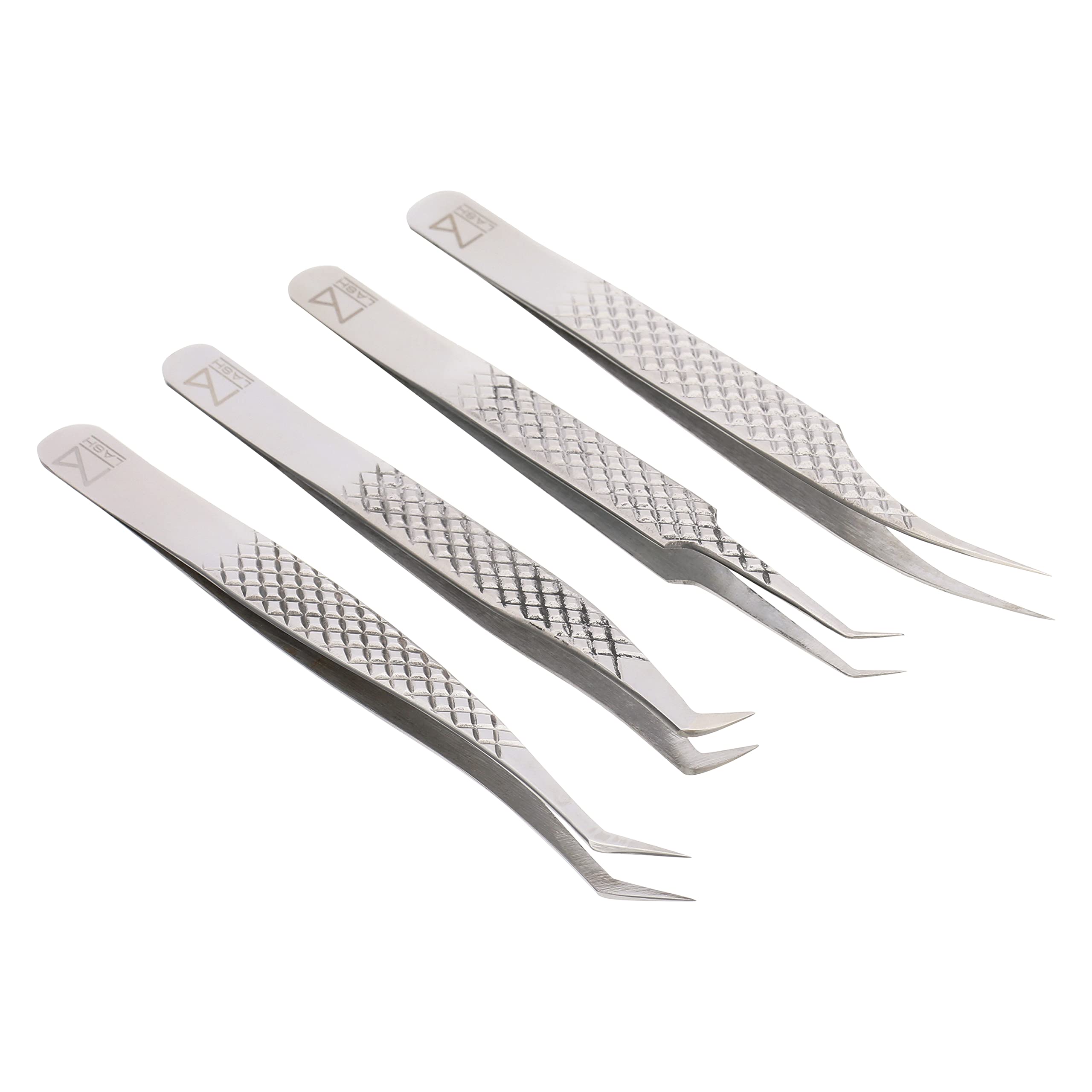 M LASH Eyelash Extension Tweezers (Set of 4) - Professional & Precision Lash Tweezers for Eyelash Extensions - Japanese Steel, Diamond Grip, Fiber Tip I-Series (Silver)