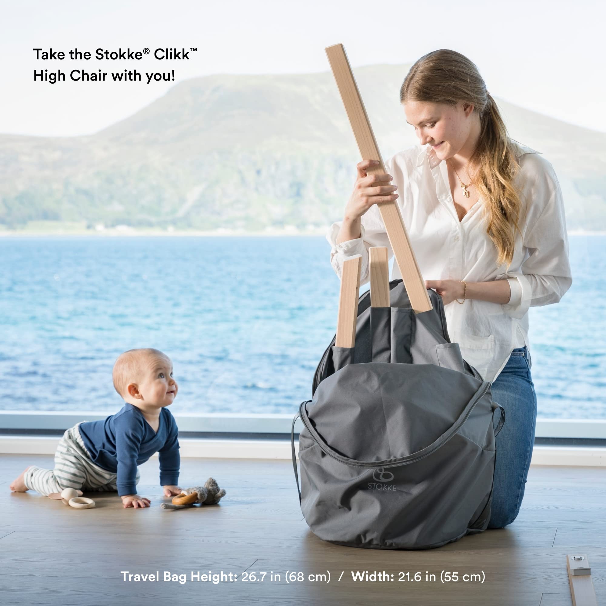 Stokke Clikk High Chair (White) + Travel Bag (Grey) - All-in-One High Chair with Tray + Harness - Light, Durable & Travel Friendly - Best for 6-36 Months or Up to 33 lbs