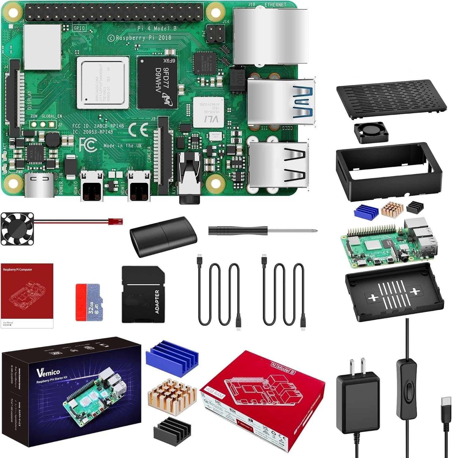 Vemico Raspberry Pi 4B 4GB Kit with 32GB Card 5V3A Power Supply with ON/Off Switch 3 Heatsinks 4K Micro HD Out Cables Pi4 Case Cooling Fan