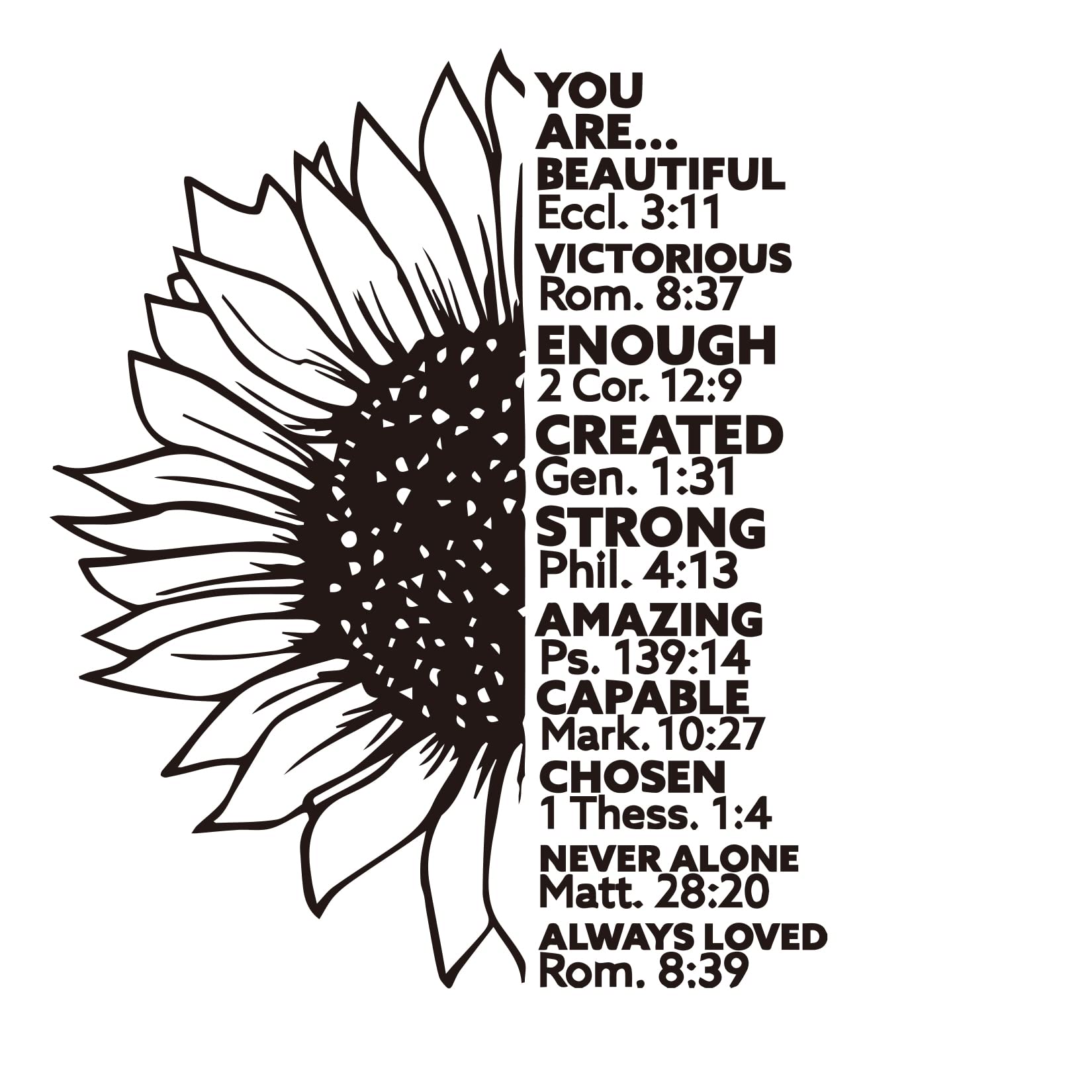 You are Beautiful Victorious Enough Created Strong Amazing Capable Chosen Never Alone Always Loved Sunflower Vinyl Wall Decal Bible Verse Quotes Decal for Girls Room Decor