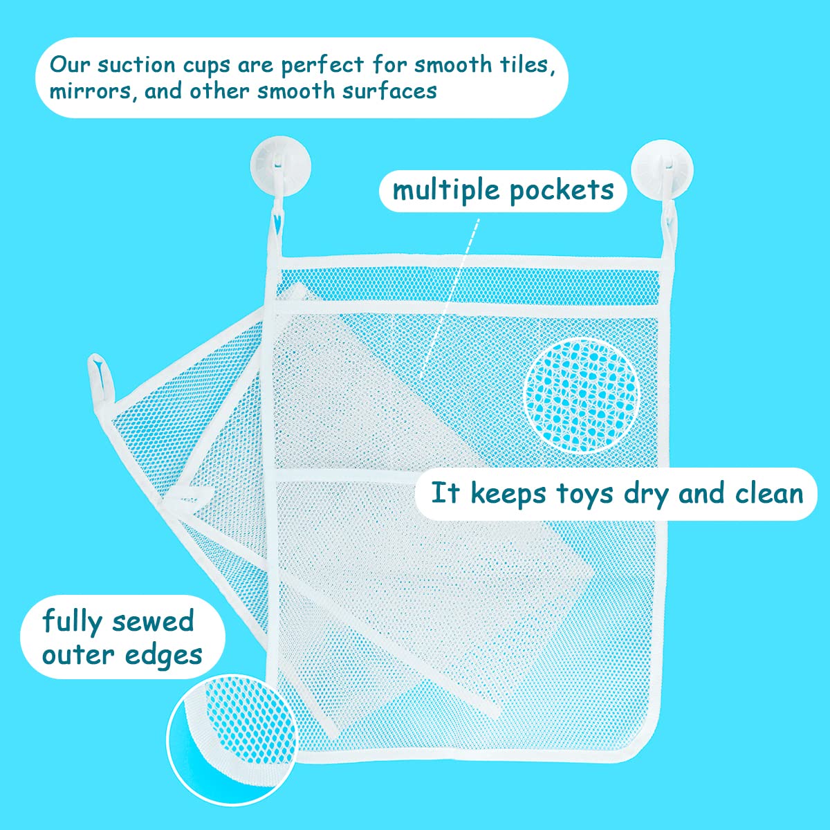 2 PCS Mesh Bathtub Toy Holder Bag, LEEFONE 18 x 14 Inch Bath Toy Organizer, 4 Ultra Strong Hooks, White