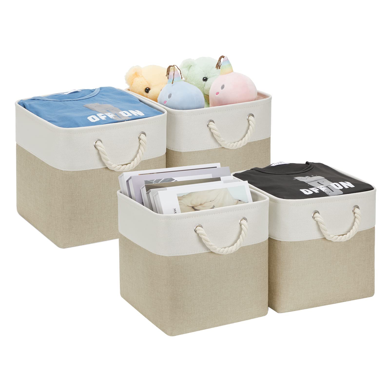 WLFRHD Storage Cubes Basket for Organizing 12x12x12 Cube Storage Bins Storage Baskets for Shelves Set of 4 Collapsible Fabric Storage Cubes Bins Closet Kids Gifts Bathroom (White and Khaki)