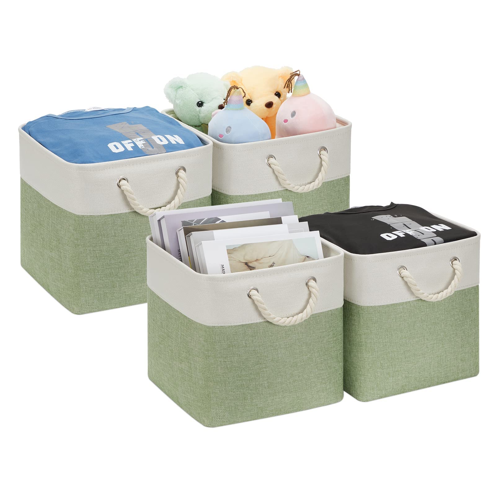 WLFRHD Fabric Storage Basket Cubes 4-Pack 12x12 Cubes Storage Bins Foldable with Handles Collapsible Square Storage Bins for Gifts Empty Sturdy Closet Kids Cloth Toy Nursery (White and Green)