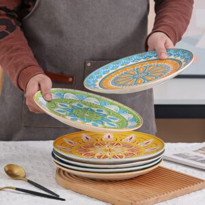 AHX Dinner Plates Ceramic Plate Set - 10 Inch Large Porcelain Round Plate Sets of 6 - Flat Colorful Pattern Dining Plates for Kitchen | Family - Dishwasher | Microwave | Oven Safe