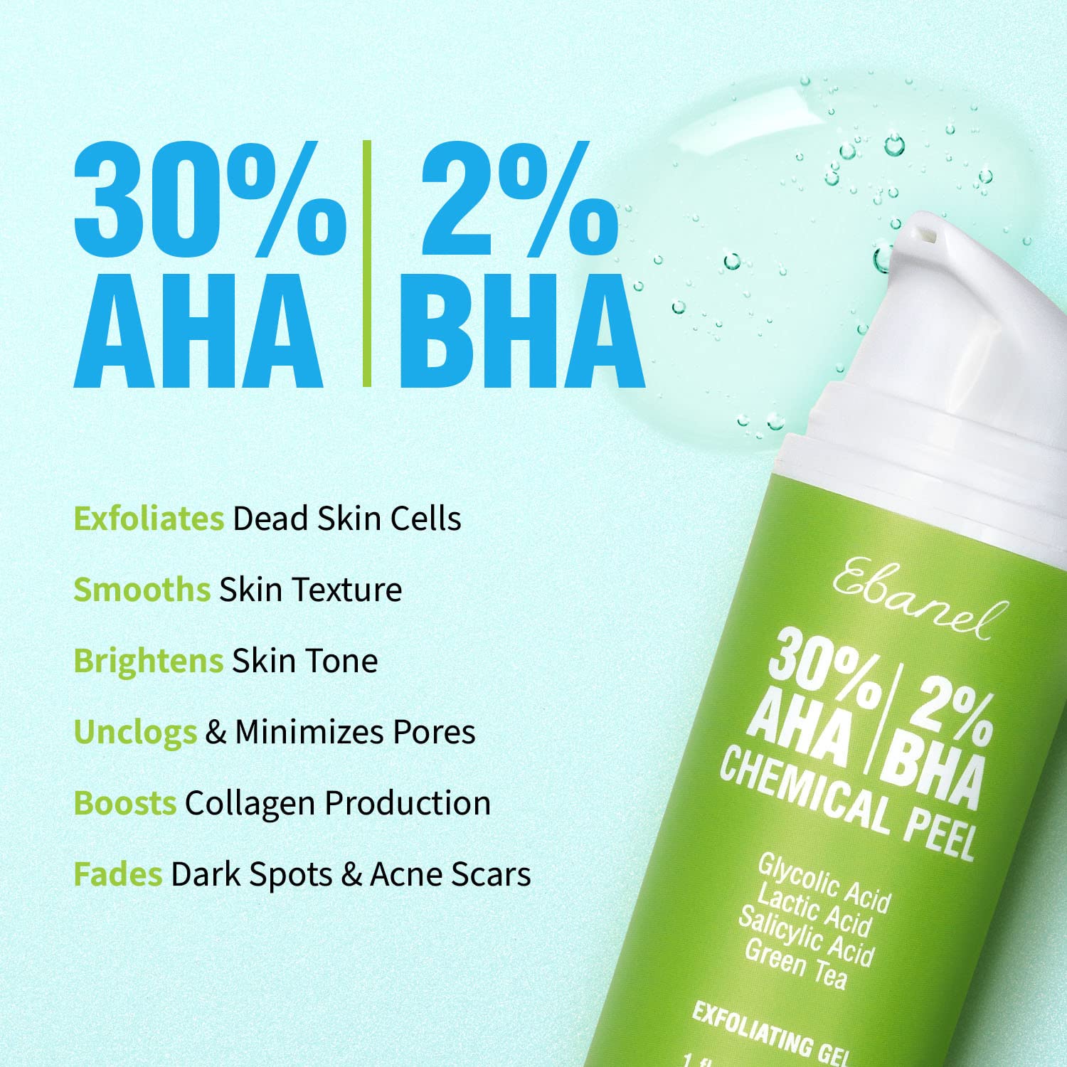 Ebanel 30% AHA 2% BHA Chemical Peel Exfoliant Gel, Face Peel with Glycolic Acid, Salicylic Acid, Lactic Acid, Green Tea, Chamomile for Acne Scars, Dark Spots, Wrinkles, Fine Lines