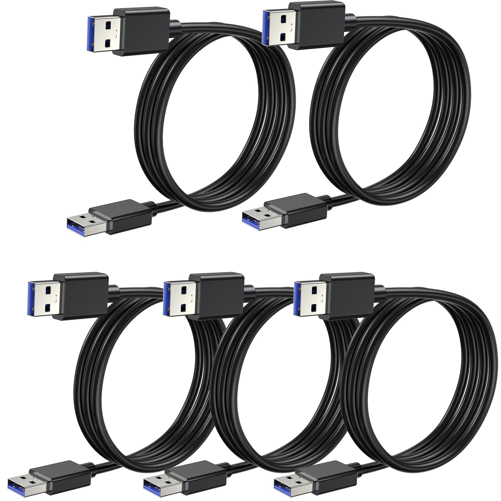 USB Cable 6 Feet 5-Pack, USB 3.0 A to A Male Cord Adapter Double End USB 2.0 Cord Male to Male for Hard Drive Enclosures, DVD Player, Laptop Cooler and More