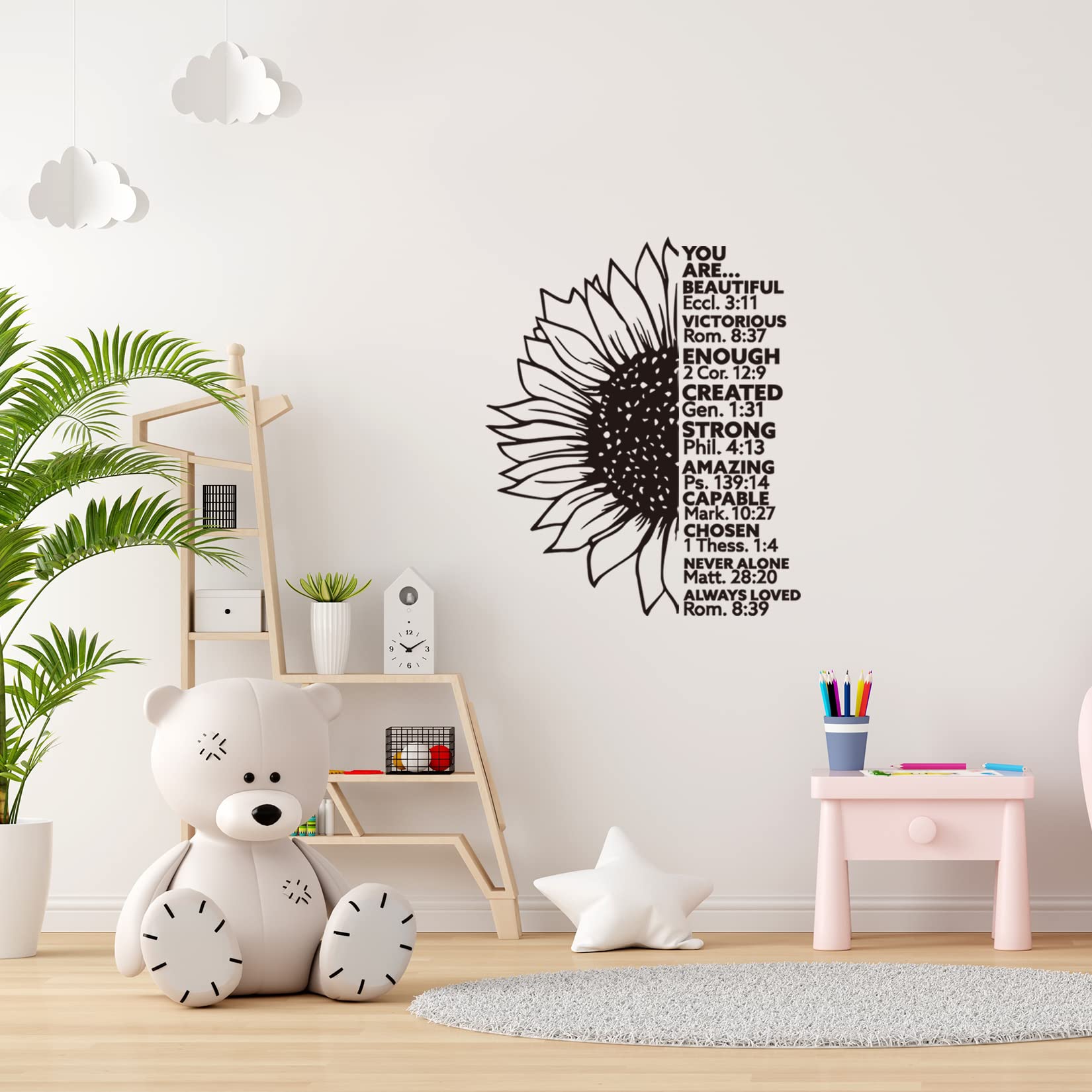 You are Beautiful Victorious Enough Created Strong Amazing Capable Chosen Never Alone Always Loved Sunflower Vinyl Wall Decal Bible Verse Quotes Decal for Girls Room Decor