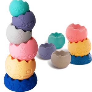 baby stacking toys for babies 6 9 12 18 months, sensory stackable baby blocks soft toys, silicone baby teether chew stacking blocks, montessori educational 1 year old toys for boys and girls toddler