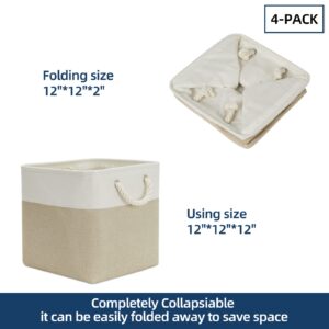 WLFRHD Storage Cubes Basket for Organizing 12x12x12 Cube Storage Bins Storage Baskets for Shelves Set of 4 Collapsible Fabric Storage Cubes Bins Closet Kids Gifts Bathroom (White and Khaki)