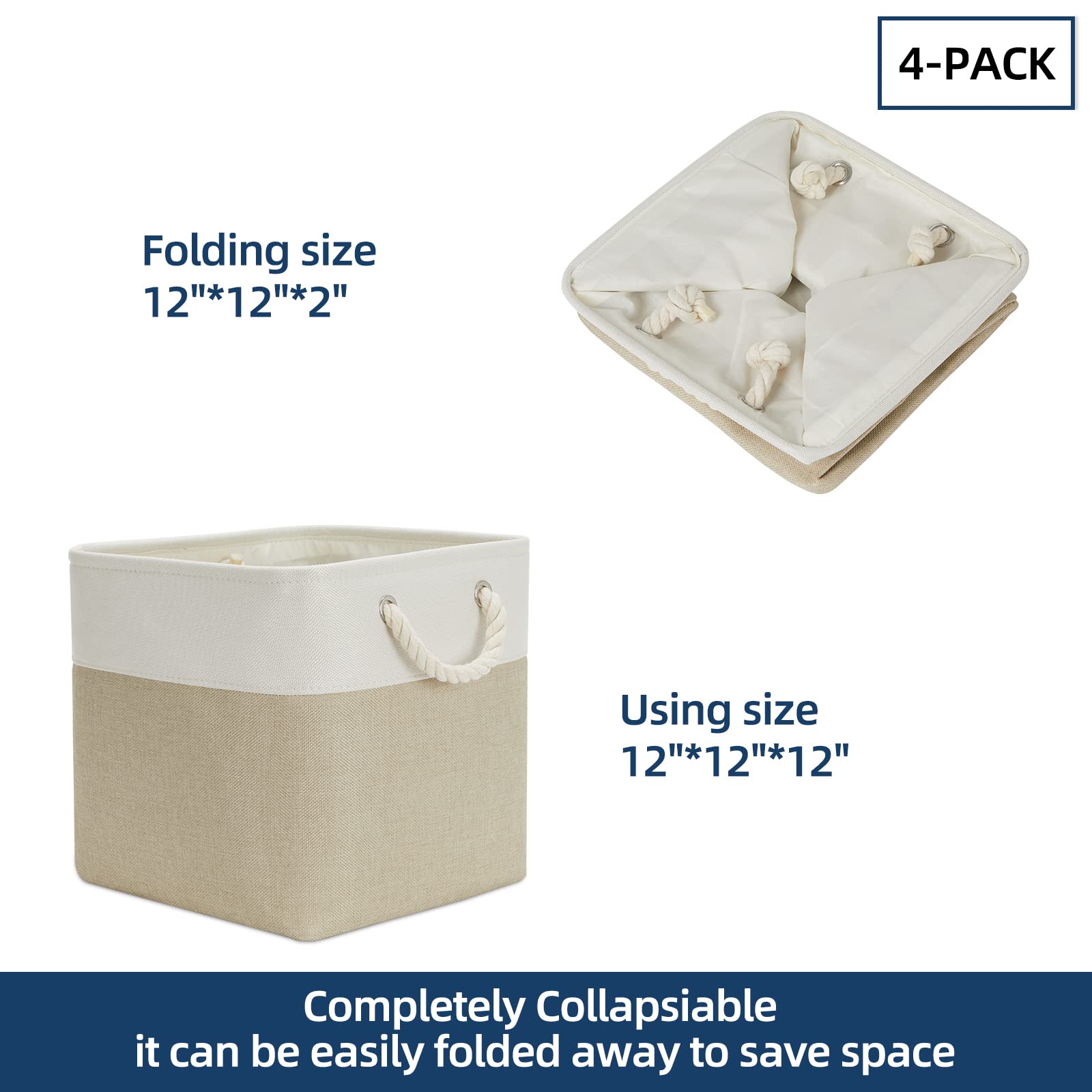 WLFRHD Storage Cubes Basket for Organizing 12x12x12 Cube Storage Bins Storage Baskets for Shelves Set of 4 Collapsible Fabric Storage Cubes Bins Closet Kids Gifts Bathroom (White and Khaki)