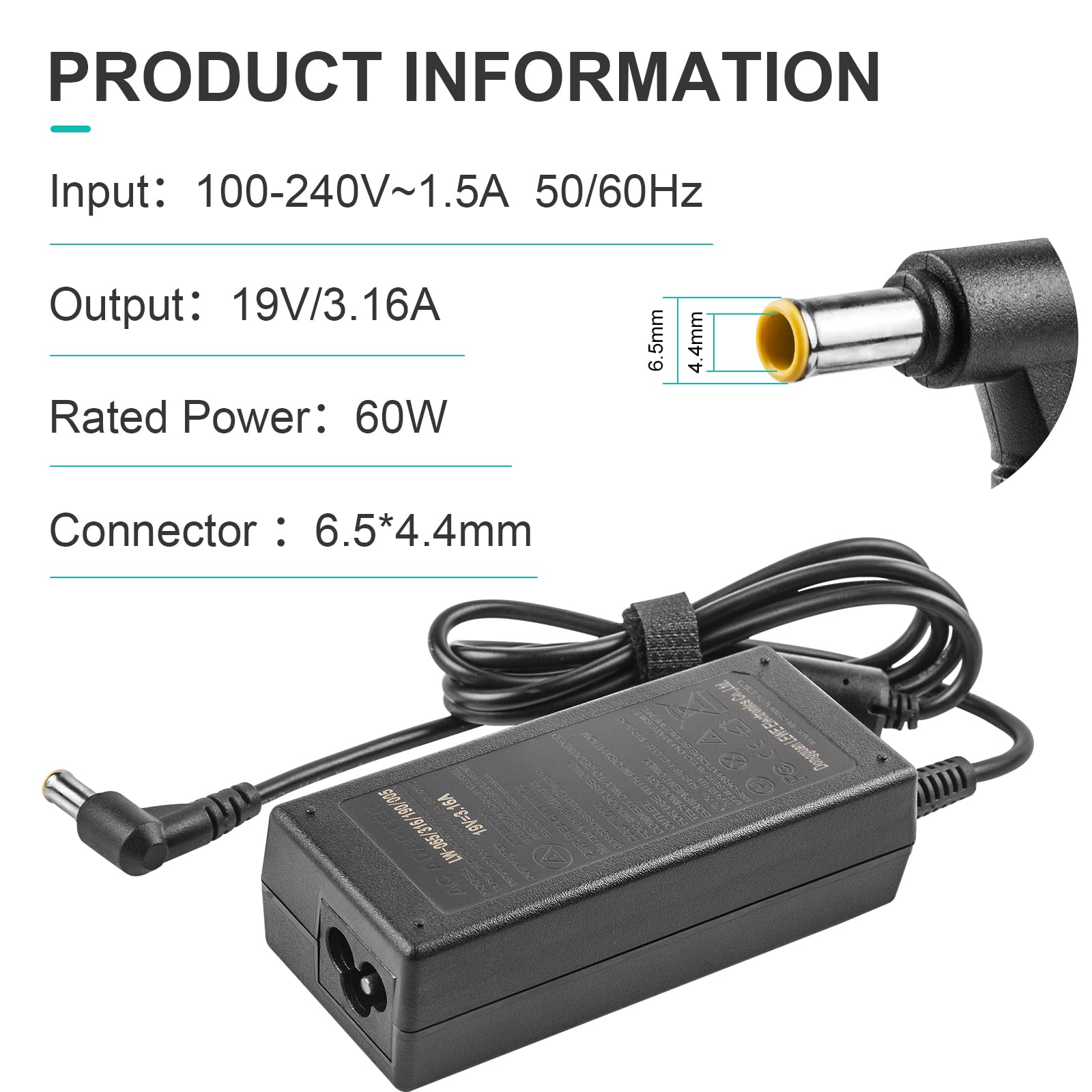 Fancy Buying 65W 19V 3.16A Replacement Charger Adapter for LG LED LCD Monitor Widescreen HDTV, Power Cord for LG Electronics 19” 20” 22” 23” 24” 27” Power Supply, 19V, AC, DC,8Ft.