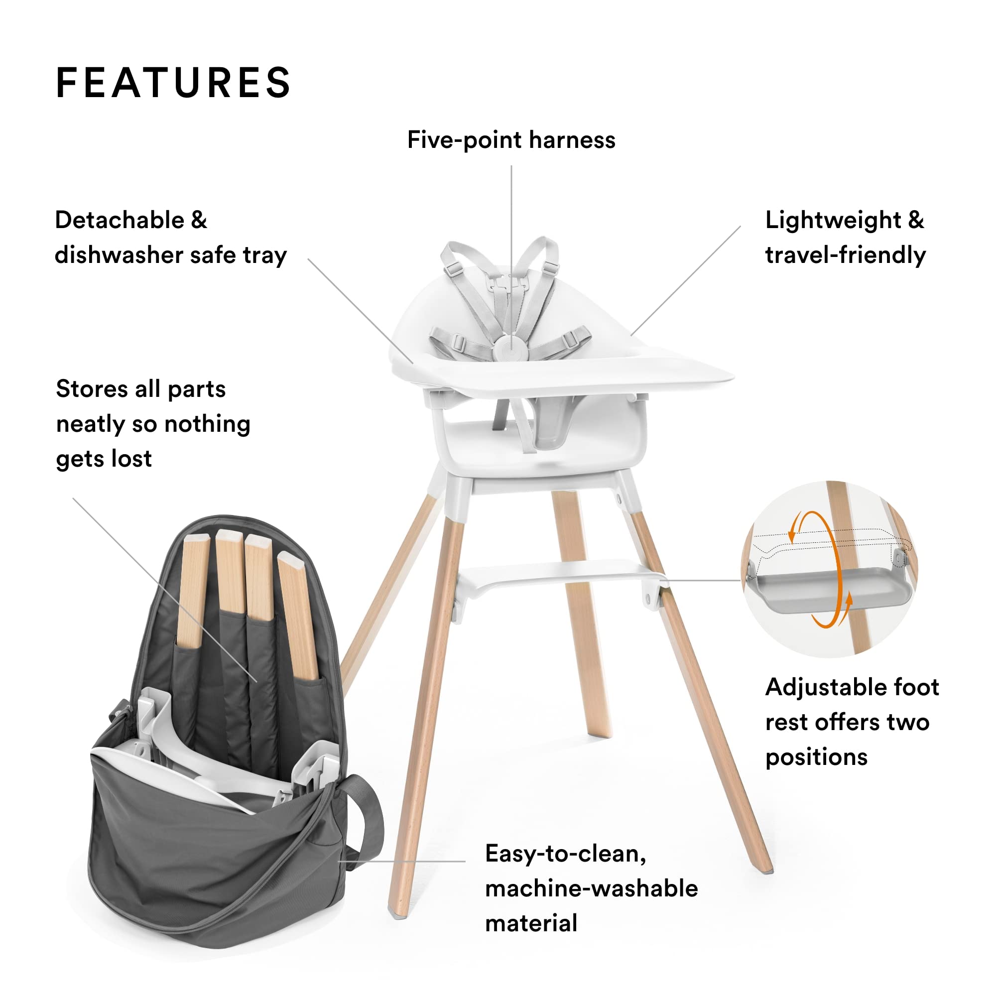 Stokke Clikk High Chair (White) + Travel Bag (Grey) - All-in-One High Chair with Tray + Harness - Light, Durable & Travel Friendly - Best for 6-36 Months or Up to 33 lbs