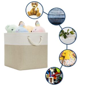 WLFRHD Storage Cubes Basket for Organizing 12x12x12 Cube Storage Bins Storage Baskets for Shelves Set of 4 Collapsible Fabric Storage Cubes Bins Closet Kids Gifts Bathroom (White and Khaki)