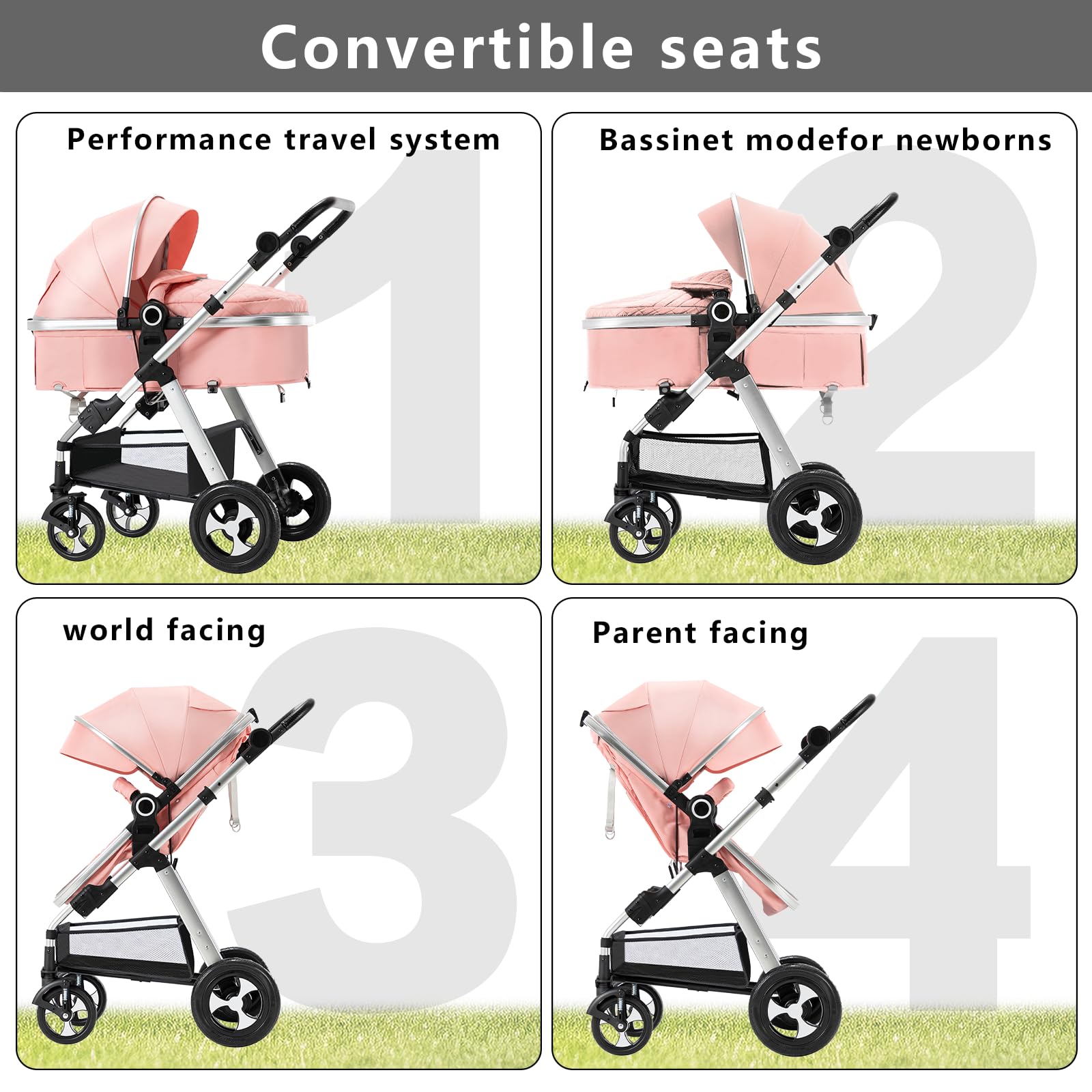 Blahoo Baby Stroller for Newborn, 2 in1 High Landscape Stroller, Foldable Aluminum Alloy Pushchair with Adjustable Backrest.Adjustable Awning