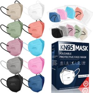 kn95 face masks for adults, 50 pack 10 colors disposable kn95 masks, 5 layer breathable individually wrapped face masks with designs, filter efficiency 95%