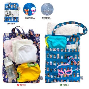 FLOCK THREE 2pcs Wet Dry Bag Waterproof Tote Reusable Wet Clothes Baby Diapers Stroller Swimsuit Travel Small Larger Electronics Toiletries Pouch Cute Animals