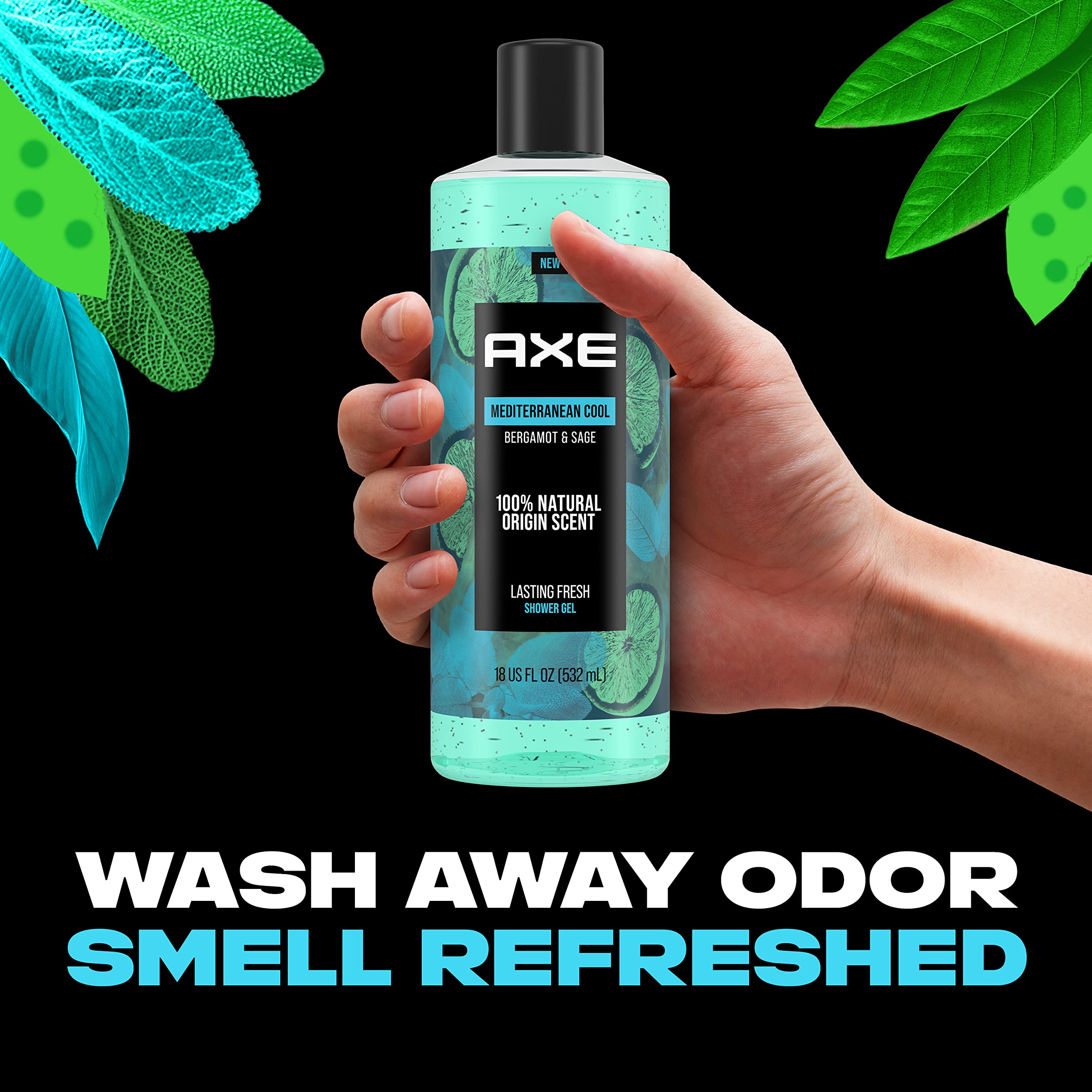 AXE Body Wash For Men Mediterranean Cool, Skin Care With 100% Natural Origin scent And Plant Based Ingredients 18 oz, 4 Count