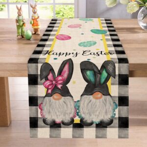 Seliem Happy Easter Bunny Gnome Eggs Table Runner, Black White Buffalo Plaid Check Home Kitchen Holiday Rabbit Decor, Spring Farmhouse Polka Dots Burlap Dining Decorations Party Supply 13 x 72