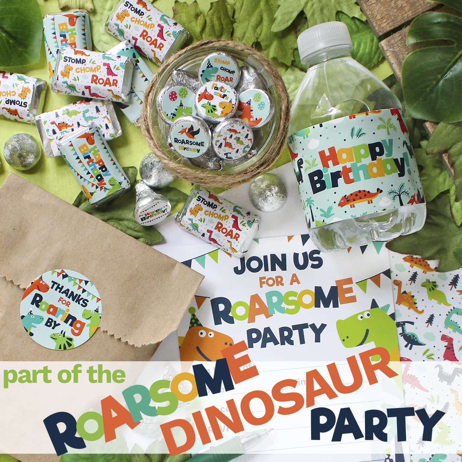 Dinosaur Birthday Party Thanks for Roaring by Thank You Stickers - Stomp, Chomp and Roar- 1.75 in. - 40 Labels