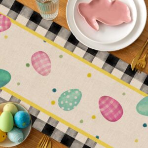 Seliem Happy Easter Bunny Gnome Eggs Table Runner, Black White Buffalo Plaid Check Home Kitchen Holiday Rabbit Decor, Spring Farmhouse Polka Dots Burlap Dining Decorations Party Supply 13 x 72