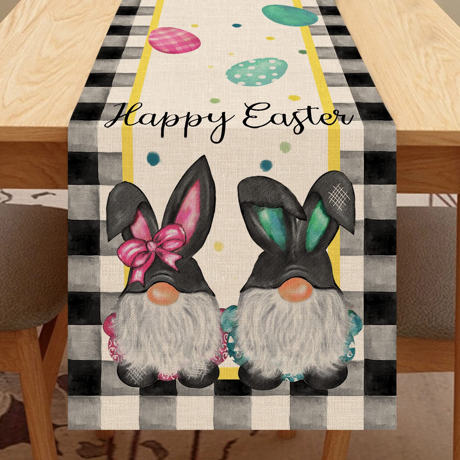 Seliem Happy Easter Bunny Gnome Eggs Table Runner, Black White Buffalo Plaid Check Home Kitchen Holiday Rabbit Decor, Spring Farmhouse Polka Dots Burlap Dining Decorations Party Supply 13 x 72