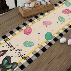 Seliem Happy Easter Bunny Gnome Eggs Table Runner, Black White Buffalo Plaid Check Home Kitchen Holiday Rabbit Decor, Spring Farmhouse Polka Dots Burlap Dining Decorations Party Supply 13 x 72