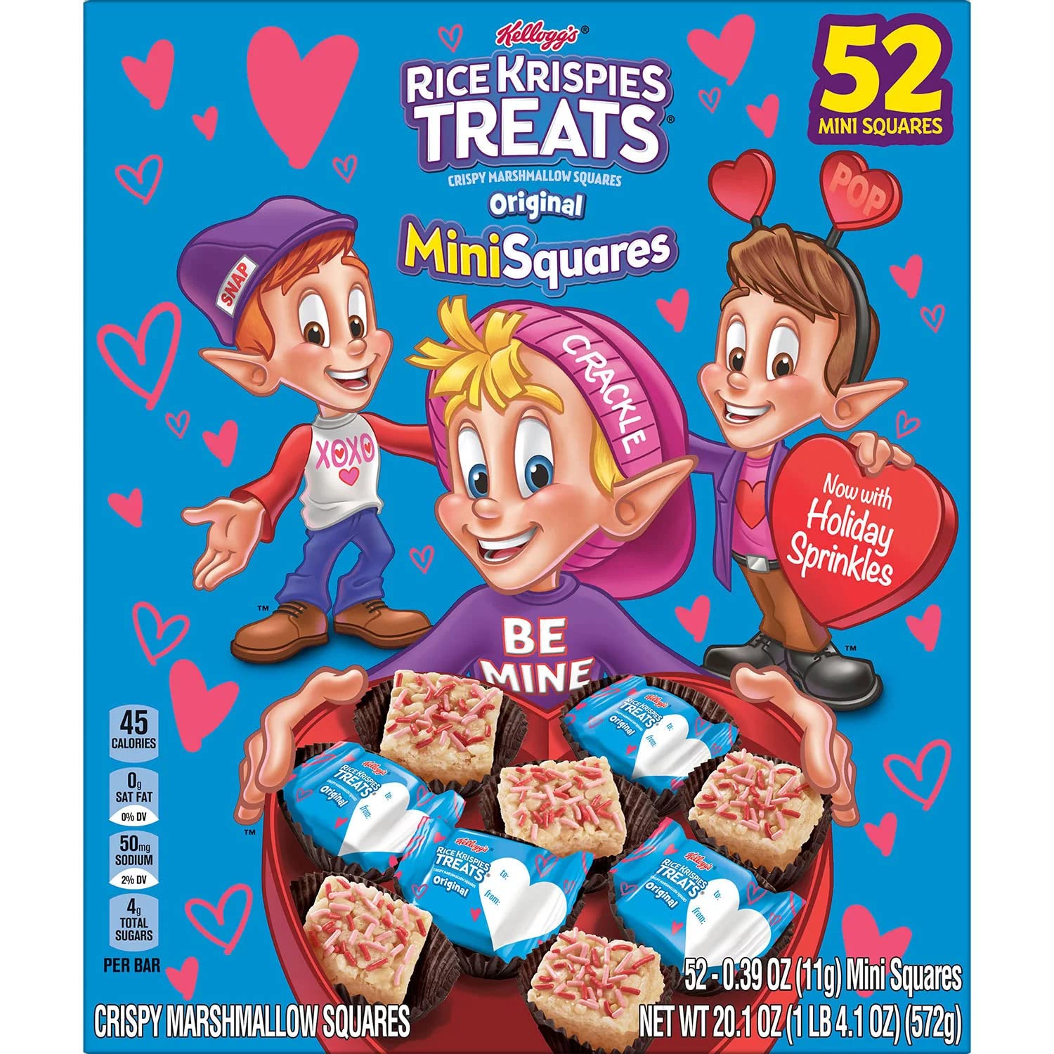 Kellogg's Rice Krispies Treats Mini Squares Marshmallow Snack Bars, Valentine's Day Treats, Kids Snacks, Original with Holiday Sprinkles, 52 Ct