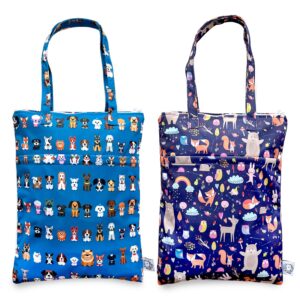 flock three 2pcs wet dry bag waterproof tote reusable wet clothes baby diapers stroller swimsuit travel small larger electronics toiletries pouch cute animals